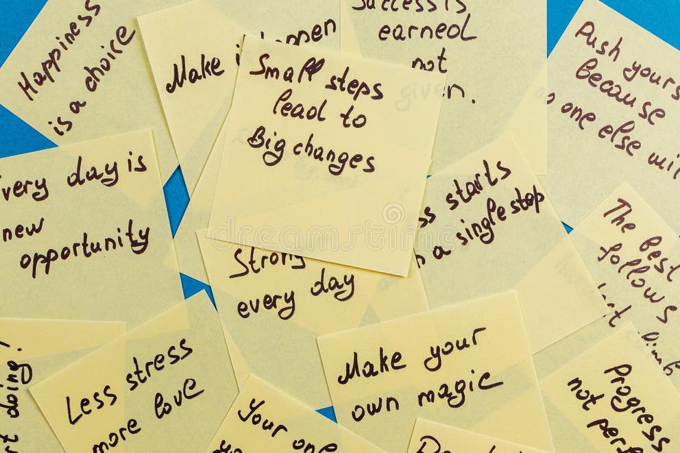 Notes Scattered on Blue Surface Highlighting Steps Toward Success Stock ...