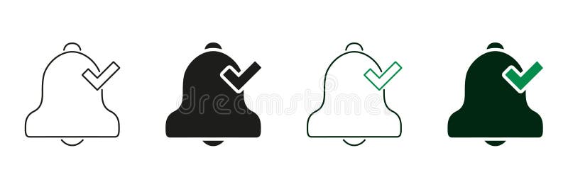Notification Bell with Checkmark Line and Solid Icon Set. Alert Confirmation and Task Completion ...