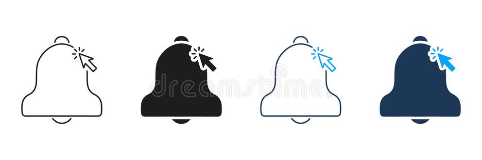 Notification Bell with Click Cursor Line and Solid Icon Set. Alert ...