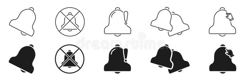 Notification Bell Icon Set. Alert, Mute, and Interaction Symbols ...