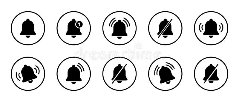 Notification Bell Icon Set Collection on Circle Line. Alarm, Reminder ...
