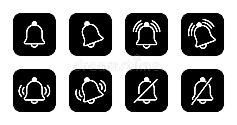 Notification Bell Outline Icon Set Collection on Black Square. Notify ...