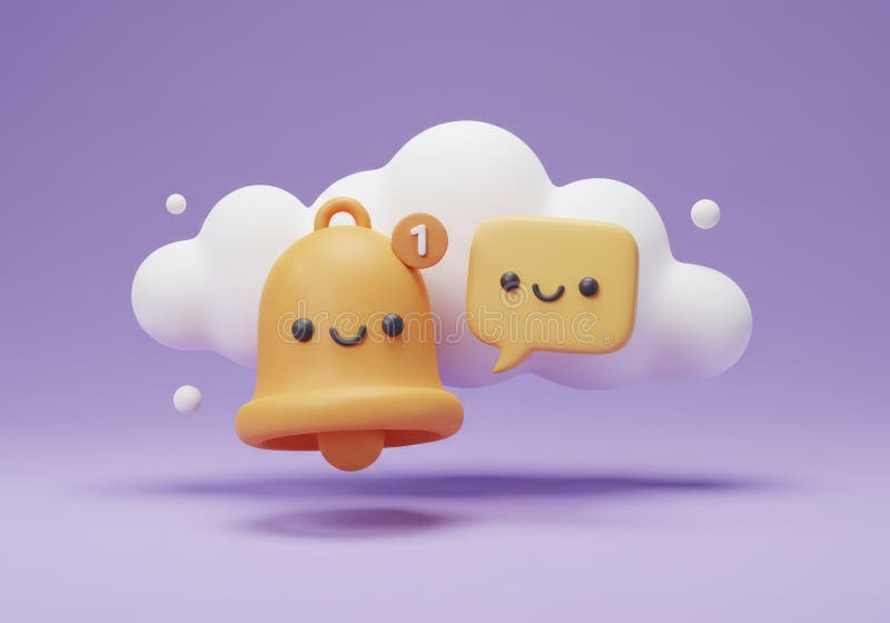 Notification Bell and Speech Bubble with Cute Faces Cartoon Style Stock ...
