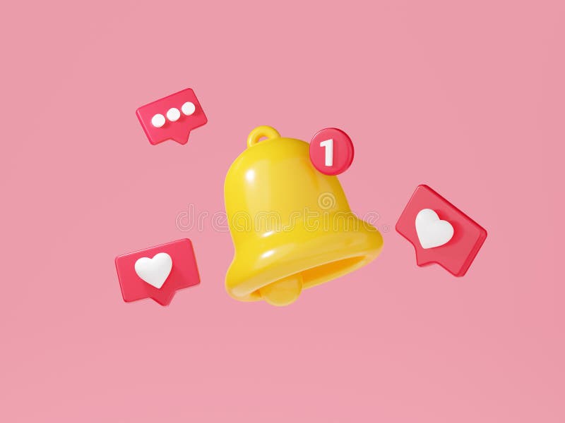 Notification Bell with Speech Bubble with Text and Heart Shapes 3d ... Notification Bell with Speech Bubble with Text and Heart Shapes 3d ...