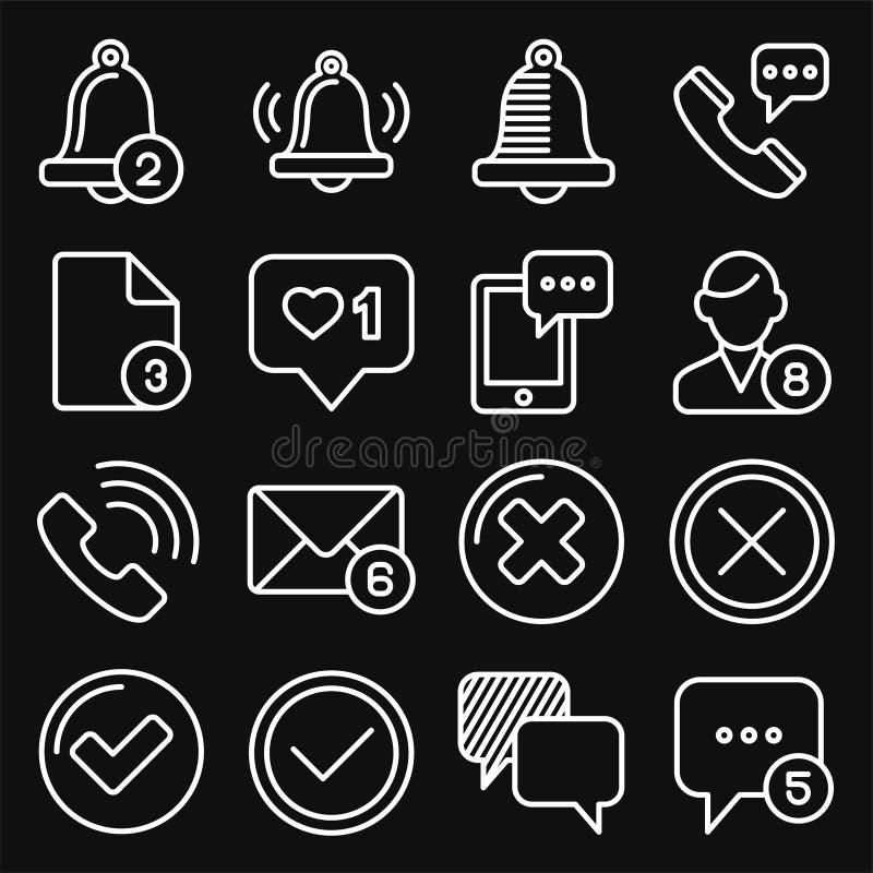 Notification Icons Set on Black Background. Line Style Vector Stock ...