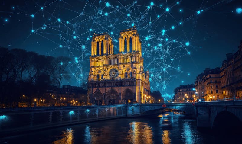 Notre Dame Cathedral Illuminated at Night with Digital Network Overlay ...