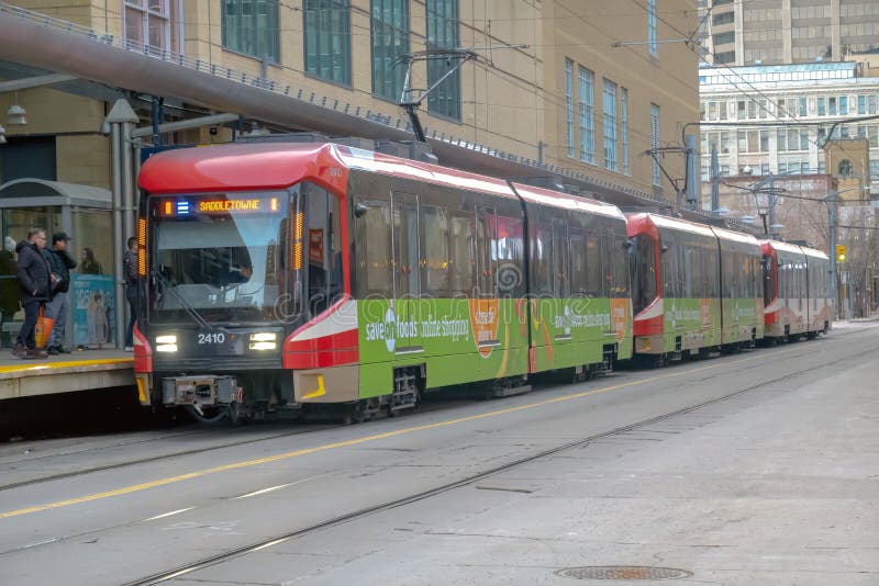 A Three C-train Wagon in Downtown Calgary during the Winter Editorial ...