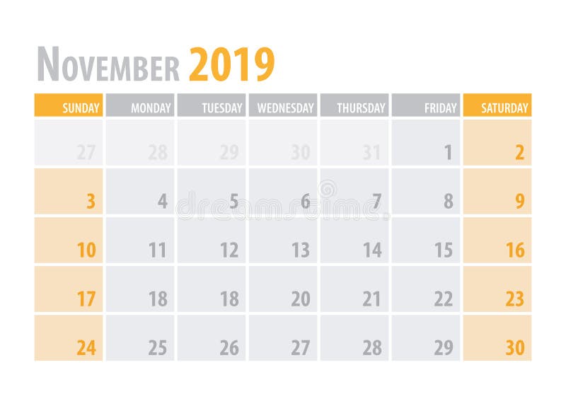 November. Calendar Planner 2019 in Clean Minimal Table Simple Style ...