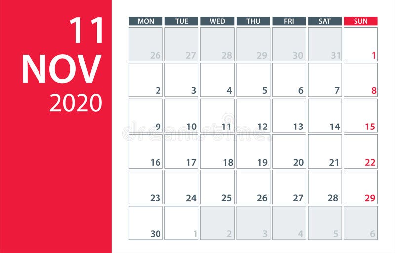 November 2020 Calendar Planner - Vector Illustration. Template. Mock Up ...