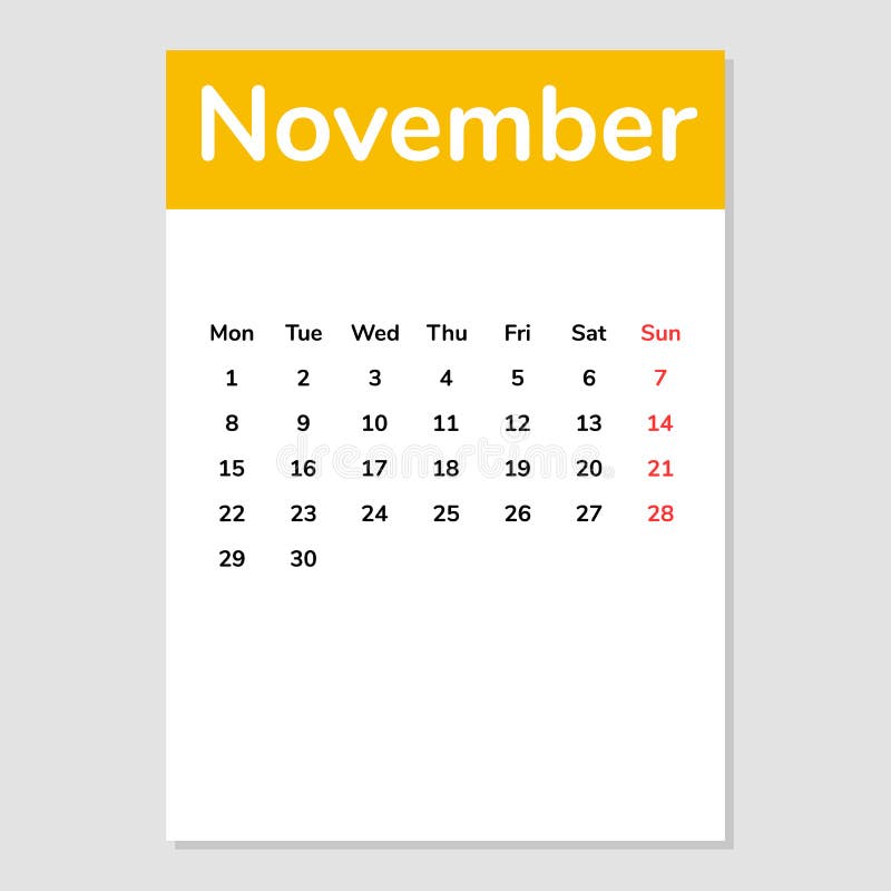November 2021 Calendar Sheet. Vector Illustration. Isolated on White ...