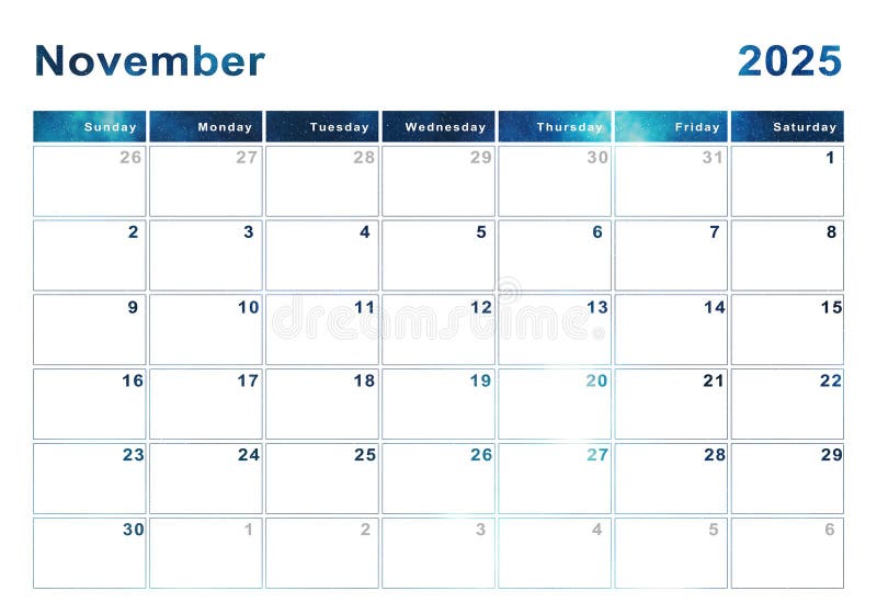 November 2025 Calendar, Week Start Sunday Stock Illustration ...