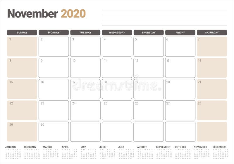 November 2020 Monthly Calendar Vector Illustration Stock Vector ...