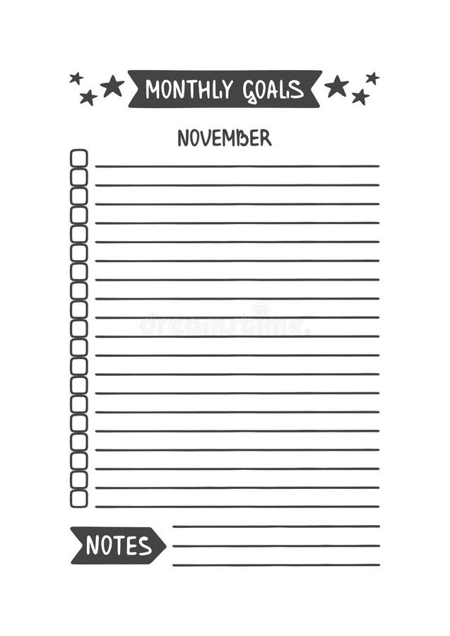 November Monthly Goals. Vector Template. Printable Organizer Stock ...