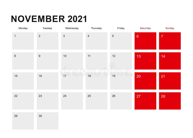 2021 November Planner Calendar Design. Week Starts from Monday Stock ...