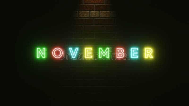 November Text Neon Light Colorful on Brick Wall Texture . 3d ...
