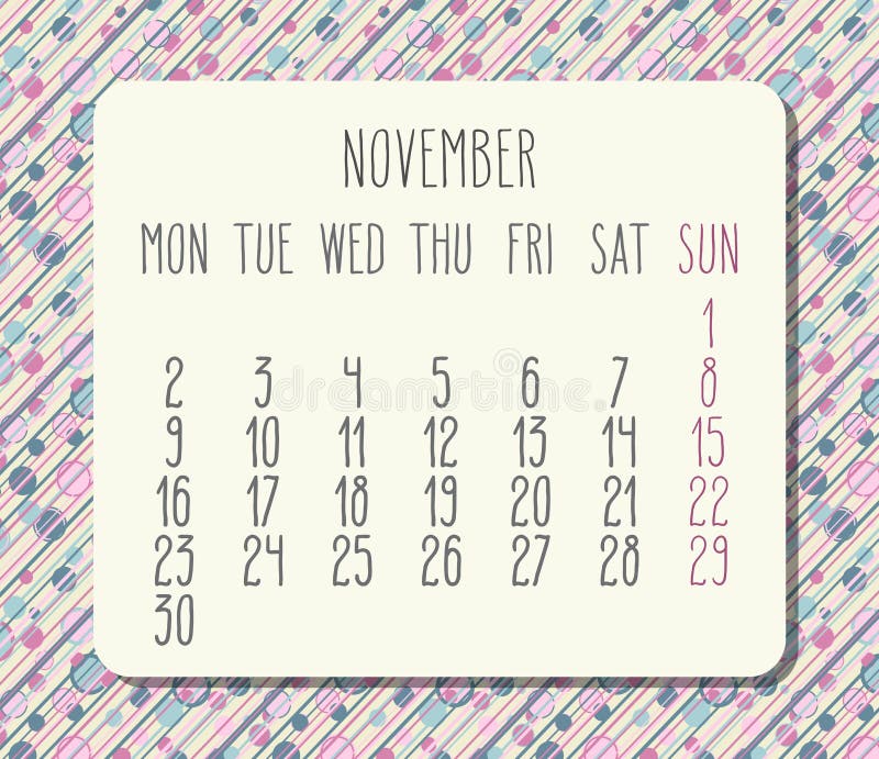 November Year 2020 Monthly Pastel Colored Dots and Stripes Calendar ...
