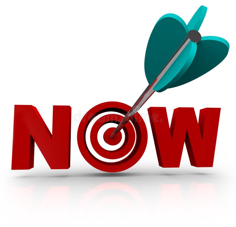 Now - Arrow Hits Bulls-Eye in Word Stock Illustration - Illustration of ...