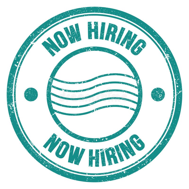 NOW HIRING Text Written on Blue Round Postal Stamp Sign Stock ...