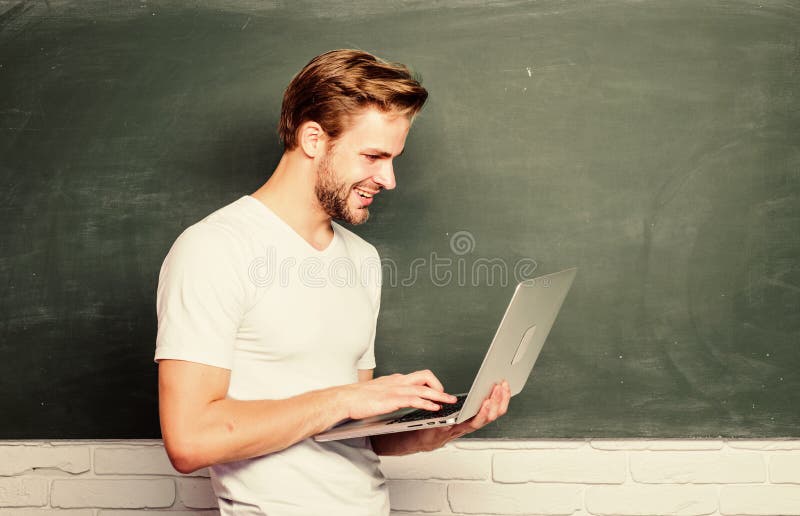 Now I Can Play. Student Man at E Learning Class. Man Use 4g Internet To ...