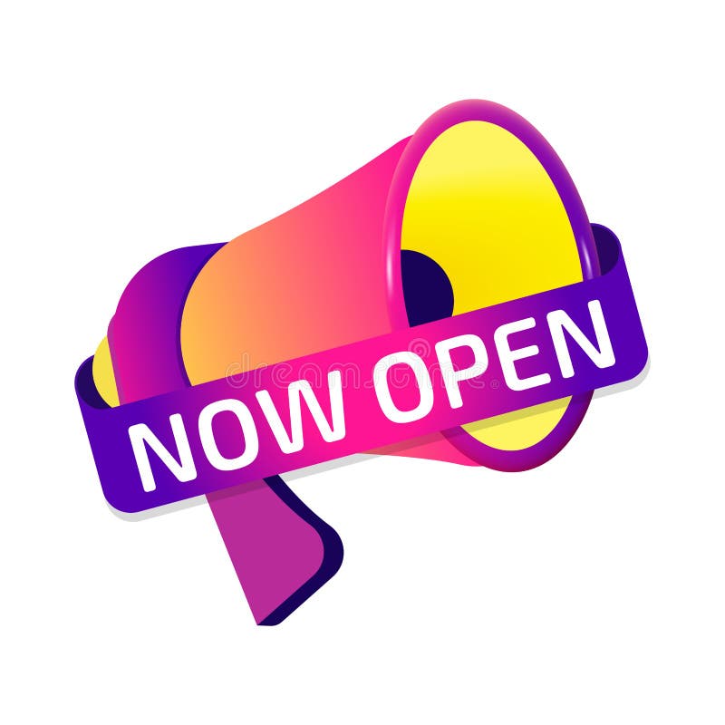 Now Open Banner Label, Badge Icon with Megaphone. Flat Design Stock ...