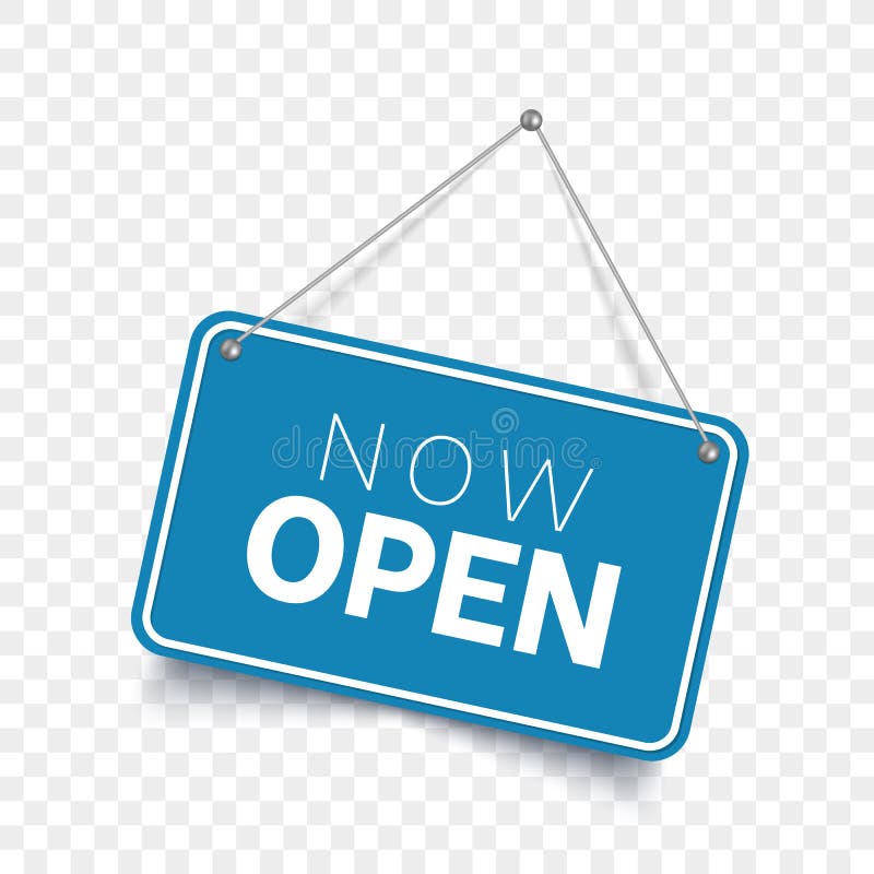 Now Open blue signboard. stock vector. Illustration of icon - 215227744