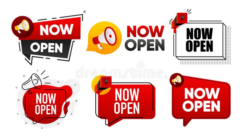 Now Open. Megaphone Label Collection with Text. Marketing and Promotion ...