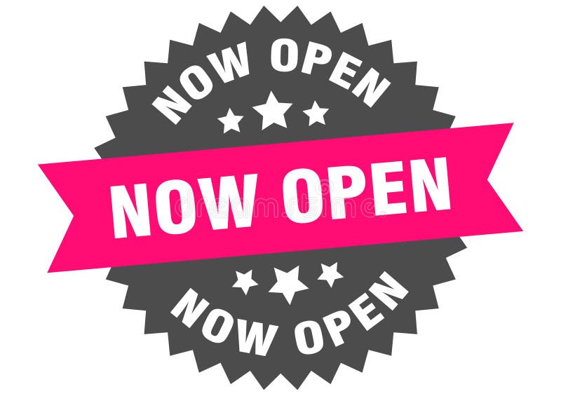 Now Open. Now Open Round Pink Label Isolated on Transparent Background ...