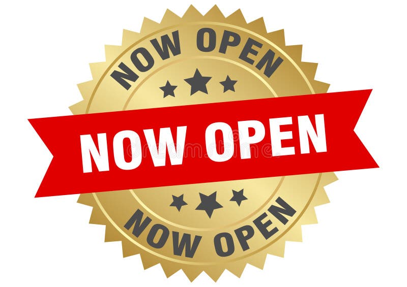 Now Open. Now Open Round Red and Gold Label Isolated on Transparent ...
