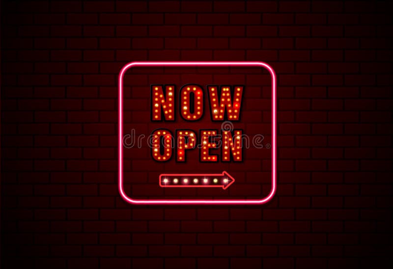 Now Open Sign Neon and Bulb on Brick Wall Background Stock Vector ...