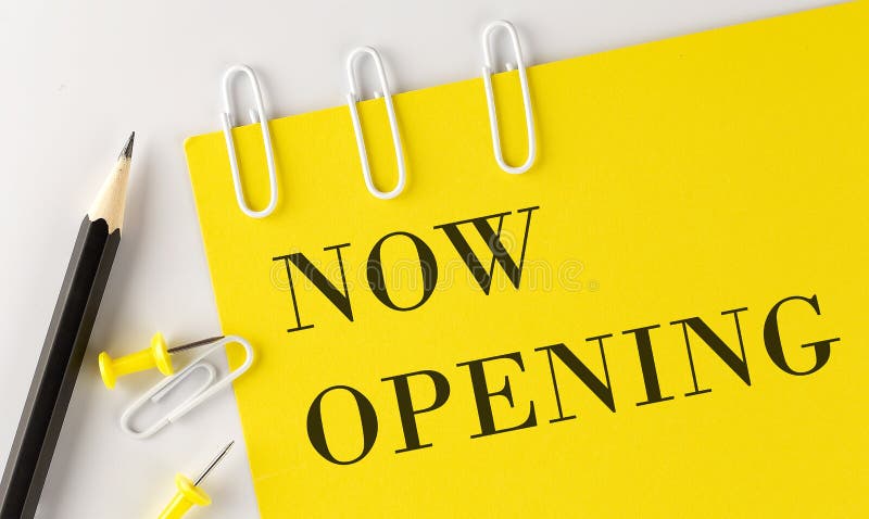 NOW OPENING Word on the Yellow Paper with Office Tools on White ...