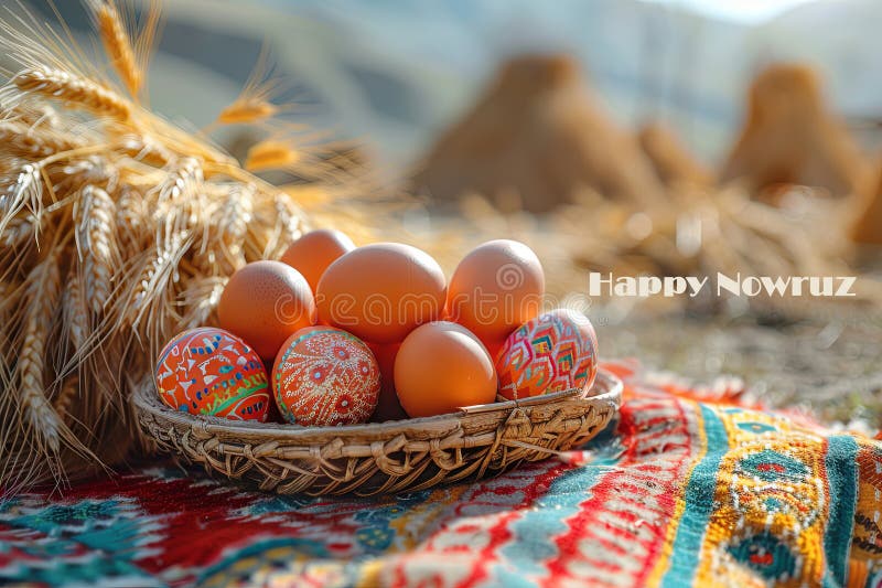 Nowruz Eggs in a Basket with Ears of Wheat and the Inscription Happy ...