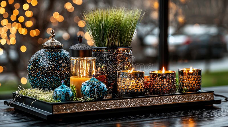 Nowruz Haft-Sin Table Display with Wheatgrass Stock Image - Image of ...
