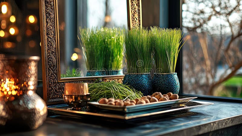 Nowruz Haft-Sin Table Display with Wheatgrass Stock Photo - Image of ...