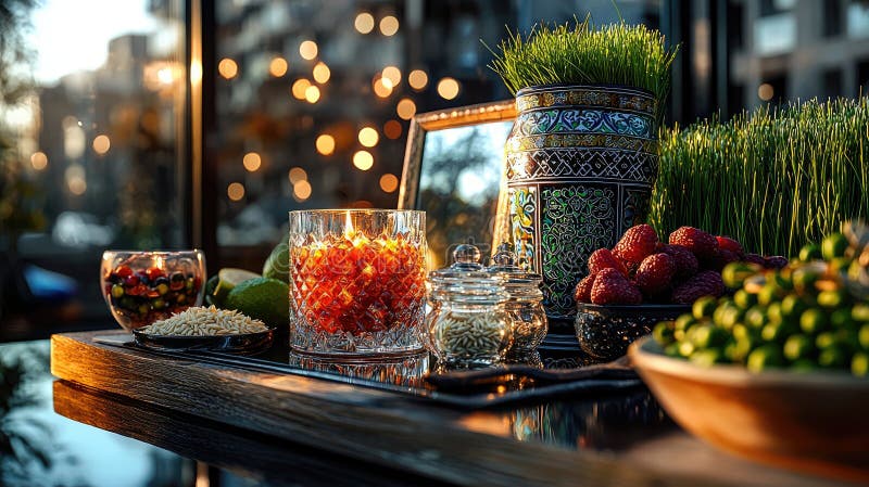 Nowruz Haft-Sin Table Display with Wheatgrass Stock Image - Image of ...