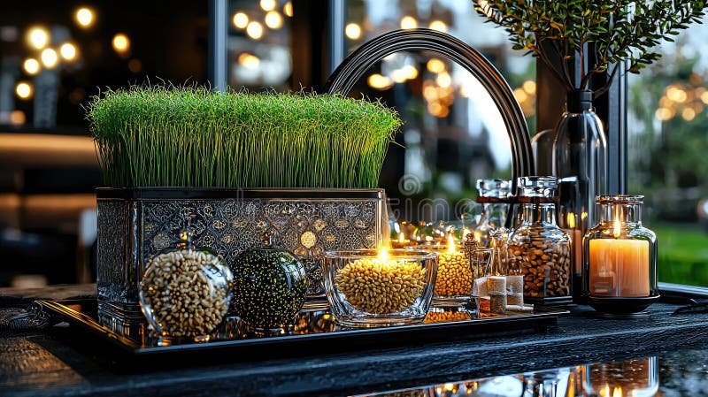 Nowruz Haft-Sin Table Display with Wheatgrass Stock Image - Image of ...