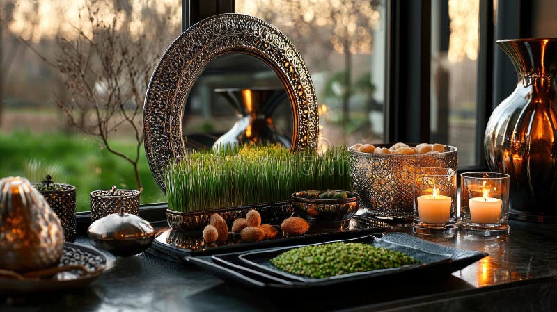 Nowruz Haft-Sin Table Display with Wheatgrass Stock Photo - Image of ...