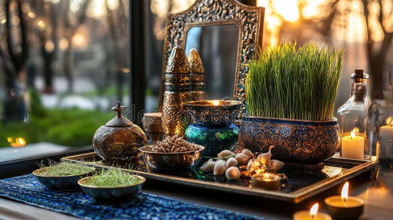 Nowruz Haft-Sin Table Display with Wheatgrass Stock Photo - Image of ...