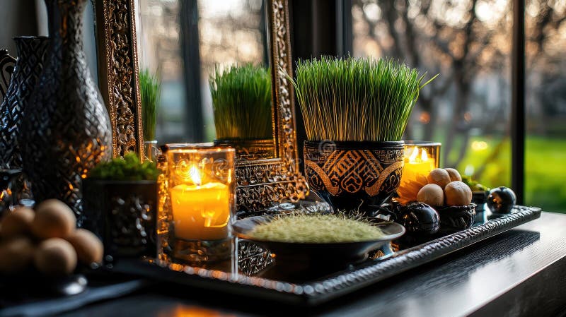 Nowruz Haft-Sin Table Display with Wheatgrass Stock Image - Image of ...