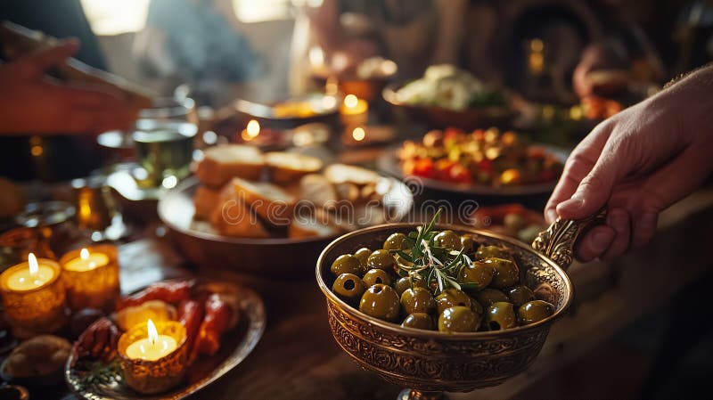 Ancient Greek Feast from Table Level with Bronze Goblet and Blurred ...