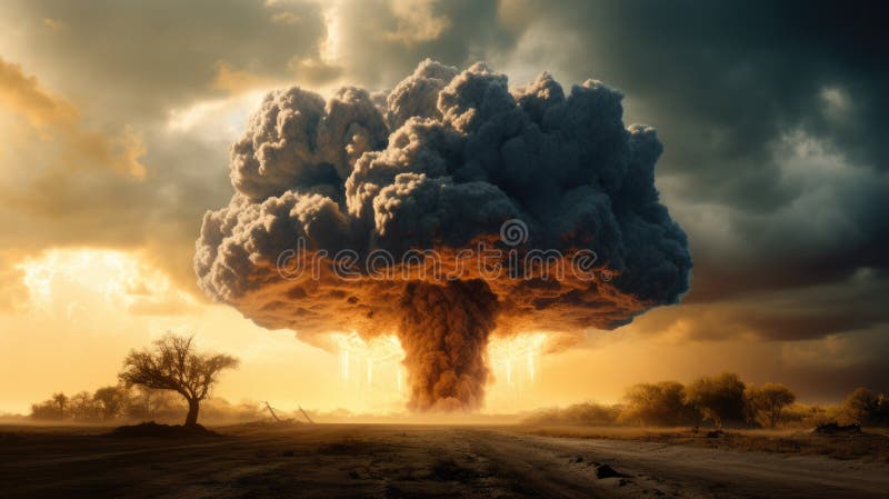 Nuclear Blast. Fire Mushroom Cloud. Atomic Bomb Explosion. Deserted ...