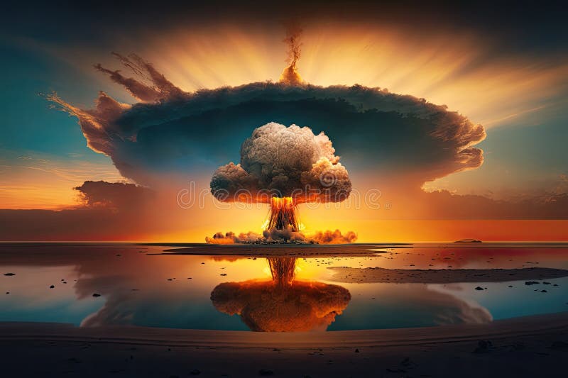 Nuclear Blast, with Mushroom Cloud and Debris, Against Dramatic Sunrise ...