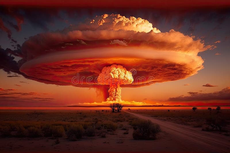 A Nuclear Mushroom Cloud Rising Above a Futuristic Cityscape Stock ...