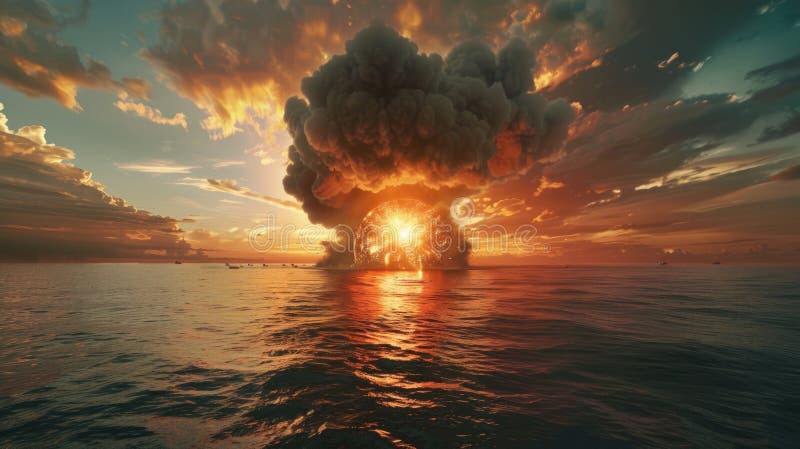 Nuclear Blast in the Ocean with a Fire Mushroom Cloud. Apocalyptic ...