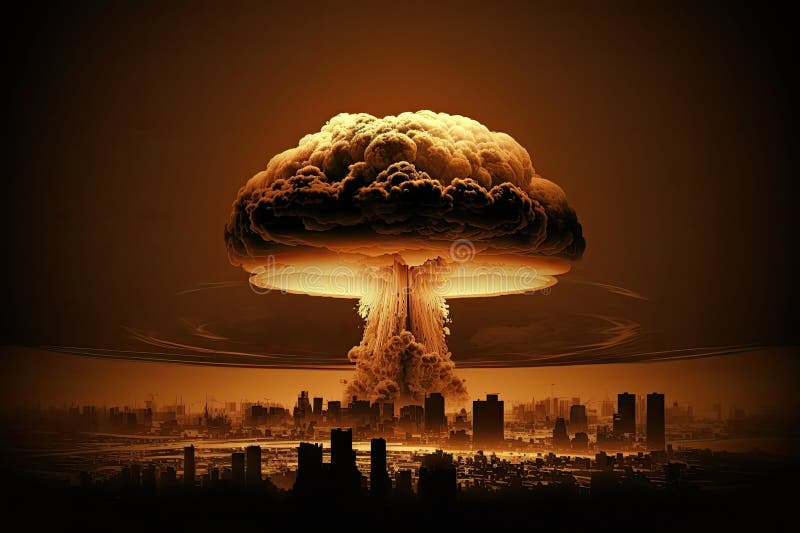 Nuclear Bomb Explosion, with Mushroom Cloud Rising Above City Skyline ...
