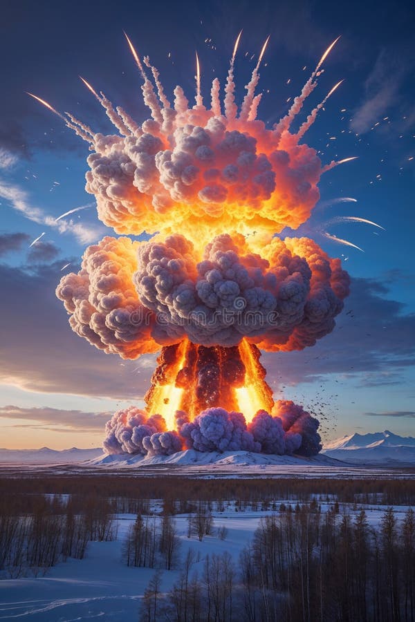 Fiery Nuclear Explosion Mushroom Cloud with Intense Reflection Stock ...