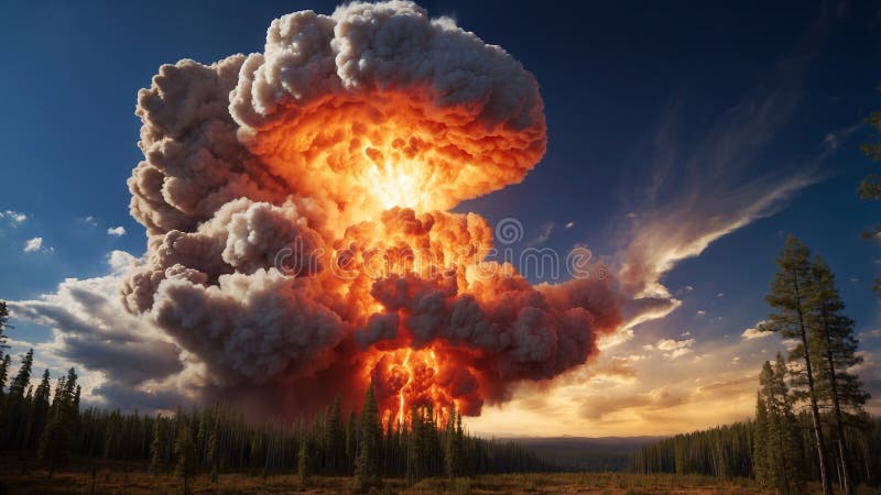Fiery Nuclear Explosion Mushroom Cloud with Intense Reflection Stock ...