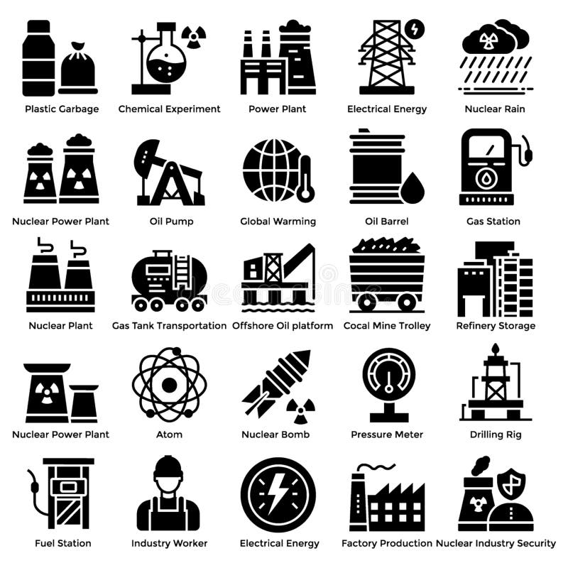 Nuclear Elements Solid Icons Pack Stock Photo - Image of disaster ...