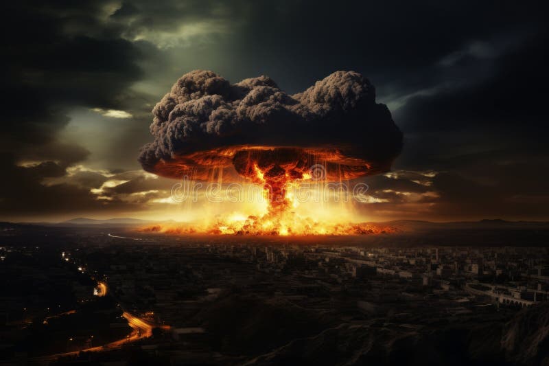 Nuclear Explosion from Afar, with Nuclear Mushroom. Generative AI Stock ...