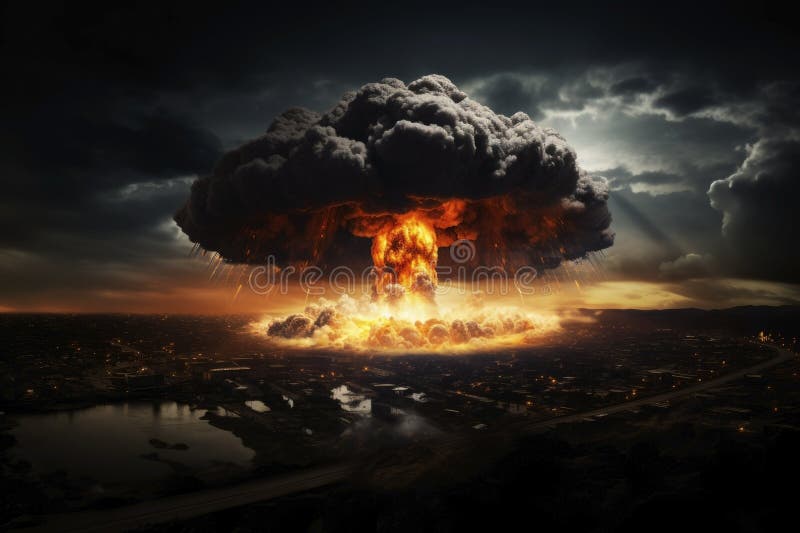 Nuclear Explosion from Afar, with Nuclear Mushroom. Generative AI Stock ...