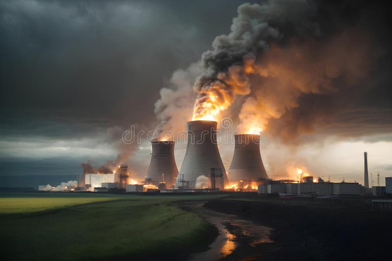 Nuclear Explosion at Atomic Power Plant at Night. Environmental ...